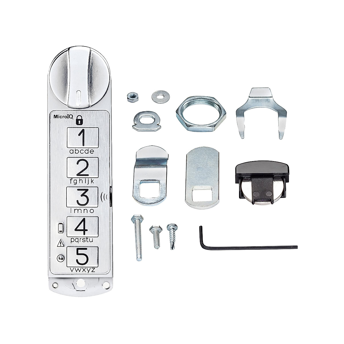 MicroIQ Electronic Cabinet Lock for Doors, Drawers, Lockers, Touch Keypad for Keyless Entry, Keyed Cam Lock Replacement, Knob on Top Vertical, Brushed Silver