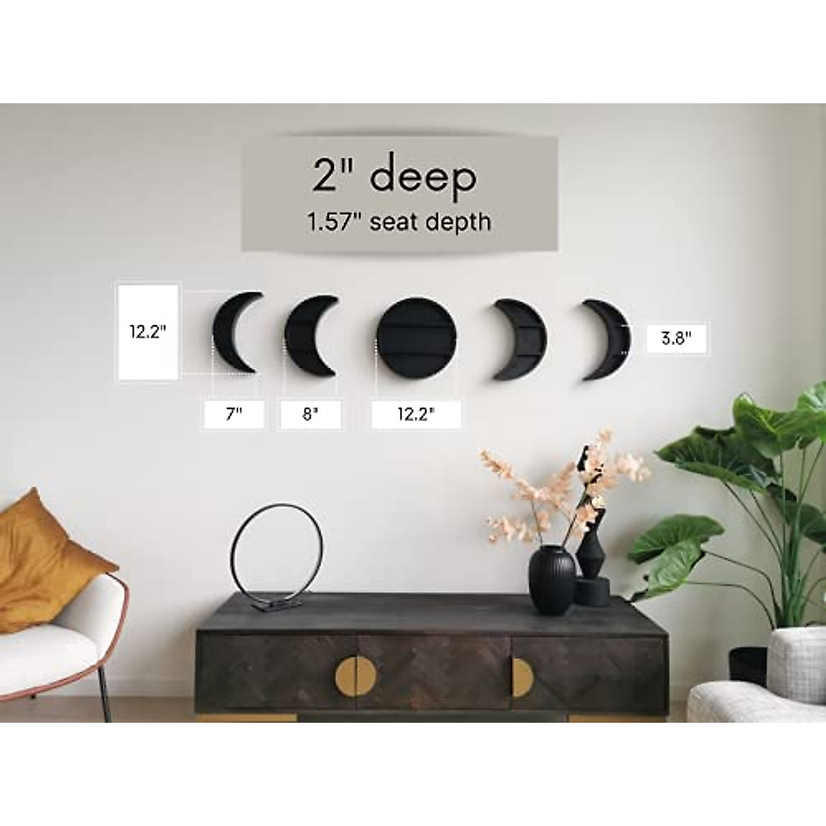 EOKI 5 Pieces 12.2" Moon Phase Shelf Set - Phases of The Moon Wall Decor - Crescent Moon Shelf for Crystals - Moon Phase Wall Decor Crystal Shelf Display - Above Bed Wall Decor Bedroom Storage (Black)