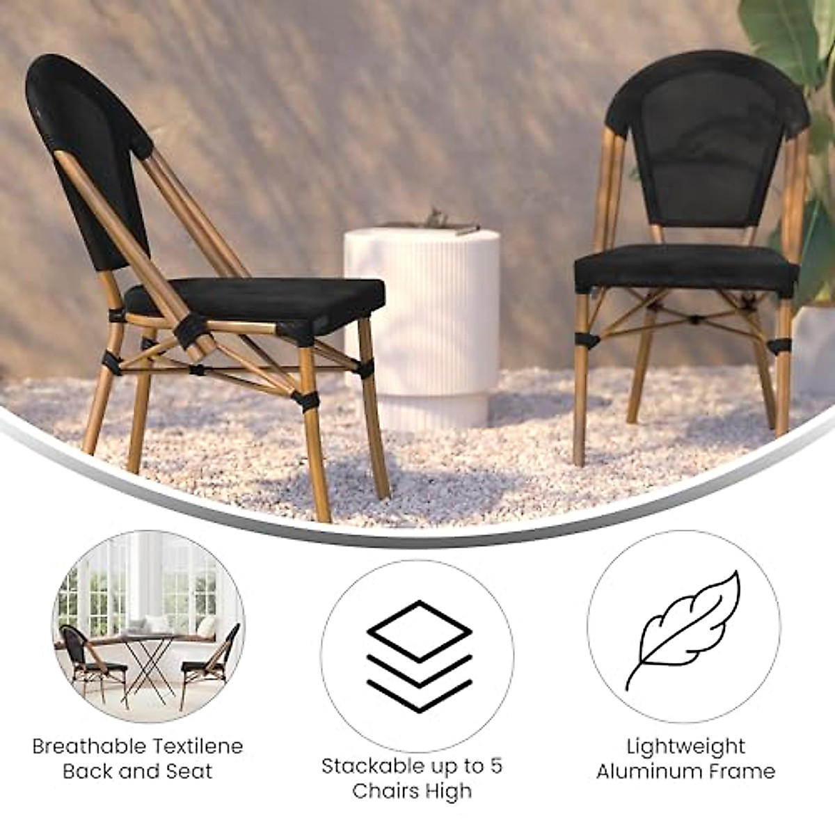 Flash Furniture Marseille 2 Pack Indoor/Outdoor Commercial Bistro Stack Chairs - Black Textilene Back and Seat - Natural Bamboo Print Aluminum Frame