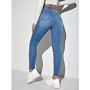 MakeMeChic Women's Ripped Skinny Jeans Casual High Waisted Distressed Stretch Denim Pants Blue A L