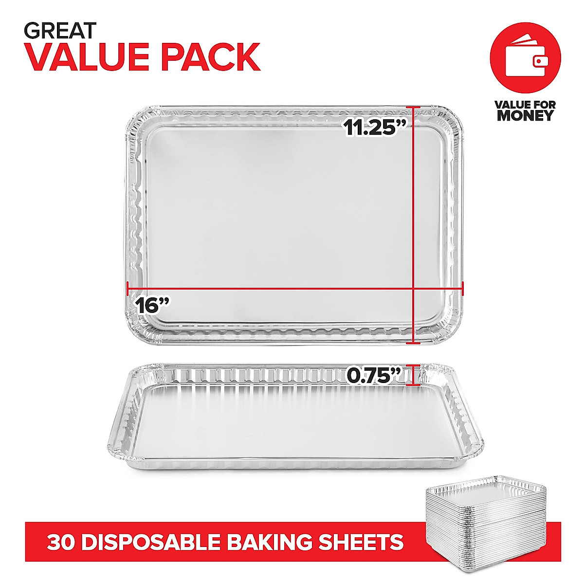 Stock Your Home Disposable Cookie Sheets for Baking (30-Pack) Aluminum Trays, Foil Pans, Shallow Sheet Pan for Cooking Thin Crust Pizza, Brownie Tins, Oven Liners