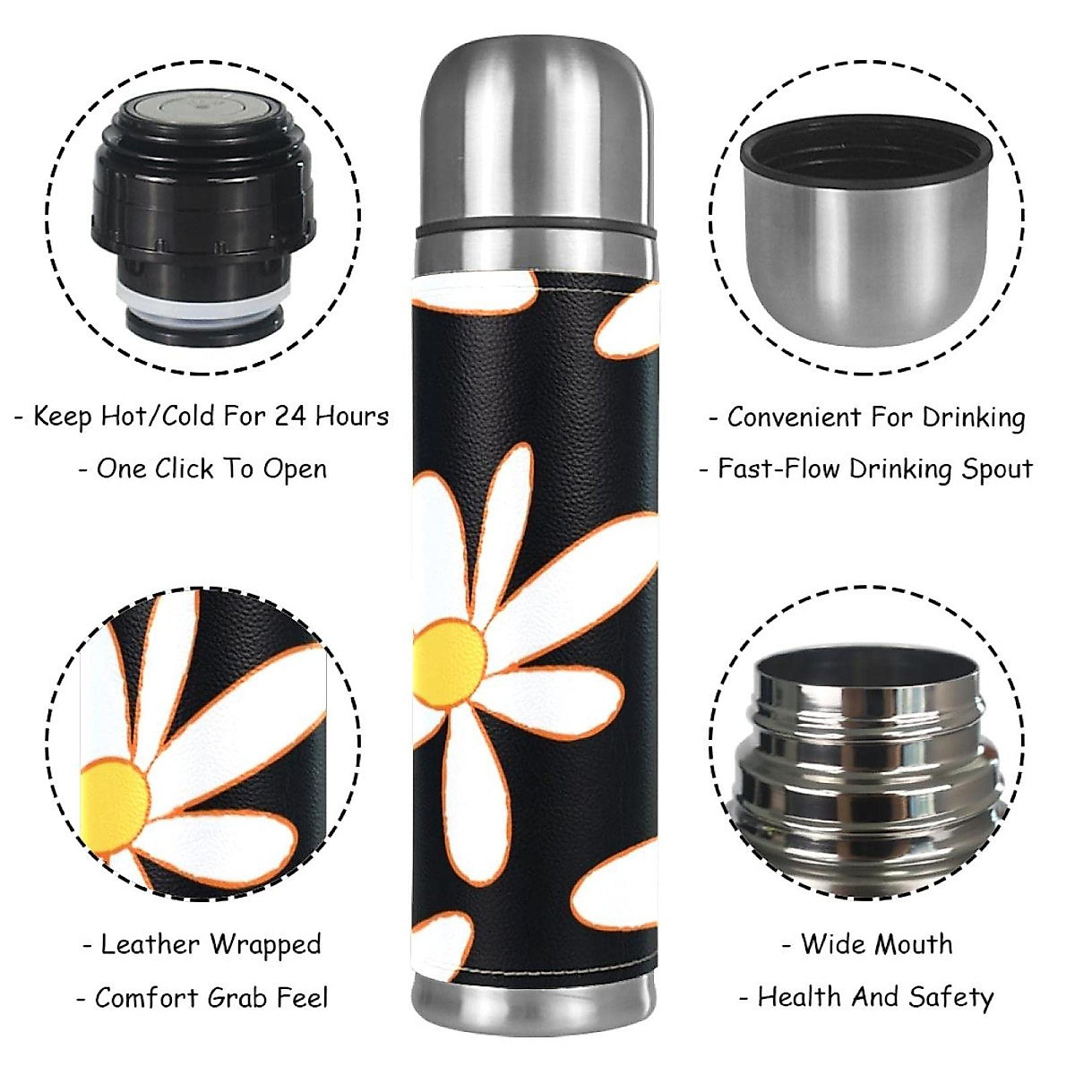 Stainless Steel Leather Vacuum Insulated Mug Flowers Thermos Water Bottle for Hot and Cold Drinks Kids Adults 16 Oz
