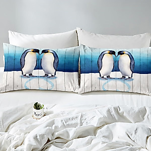 Couple Penguin Bedding Set Twin Size Antarctic Animals Bed Set for Girls Teens Bedroom Decor Kids Penguin Fitted Sheet Soft Microfiber Blue and White Bed Cover(1 Fitted Sheet+1 Pillow Case)