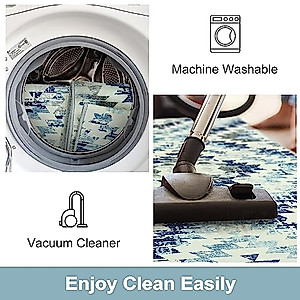 Lahome Washable Boho Bathroom Rug, Blue 2x3 Kitchen Rug with Rubber Backing Soft Entry Rugs, Southwestern Geometric Non Slip Bath Mat Floor Carpet for Laundry Bedroom