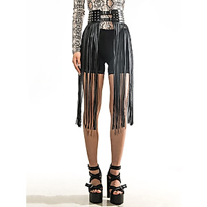 Ayliss Women Punk Waist Belt Rivet Studded Tassel Fringe Skirt Belt Double Grommet PU Leather Elastic Waistband Rocker (Black #1)