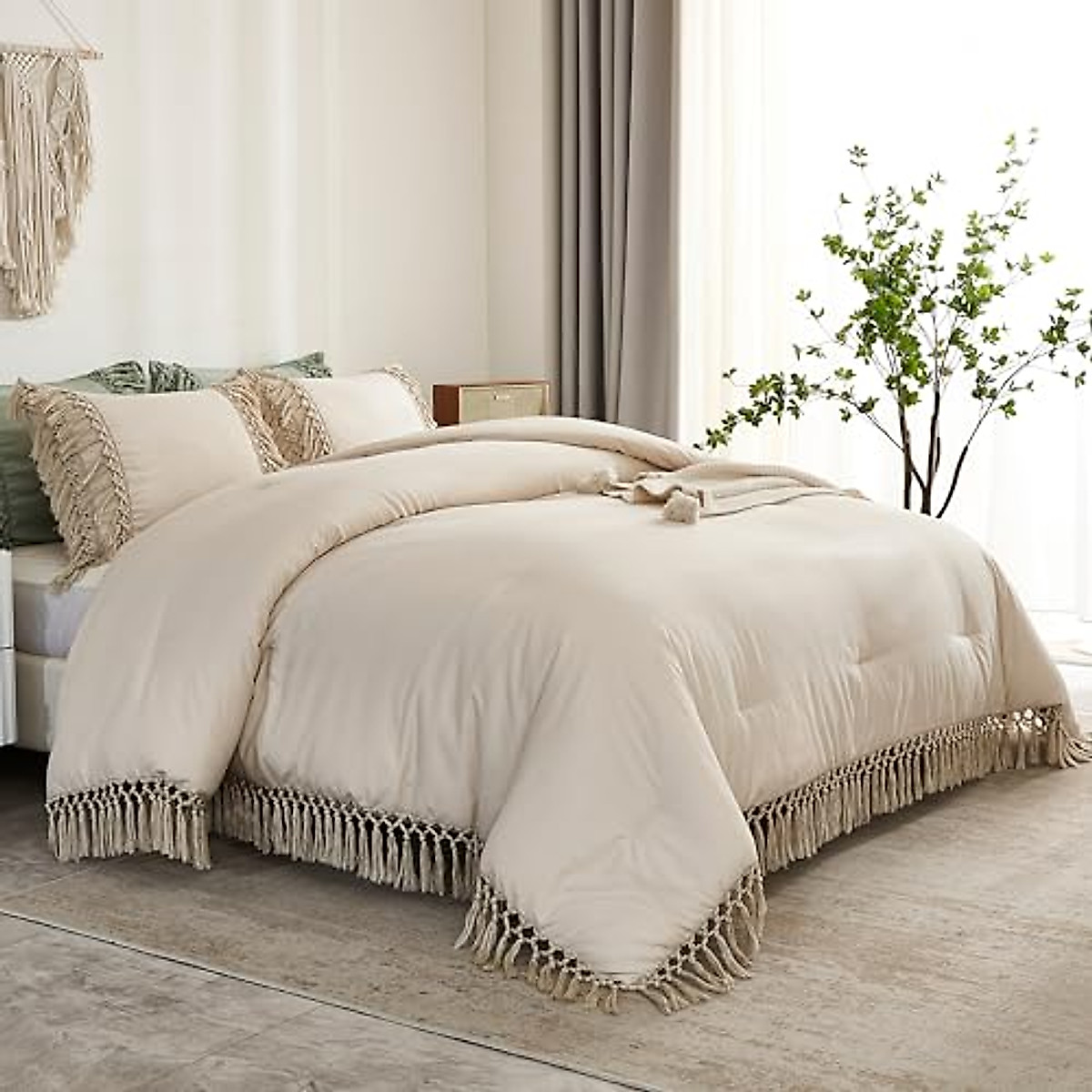 Andency King Size Comforter Set Beige, 3 Pieces Boho Tassel Lightweight Soft Bedding Comforter Sets for King Bed, All Season Fluffy Bed Set (104x90In Comforter & 2 Pillowcases)