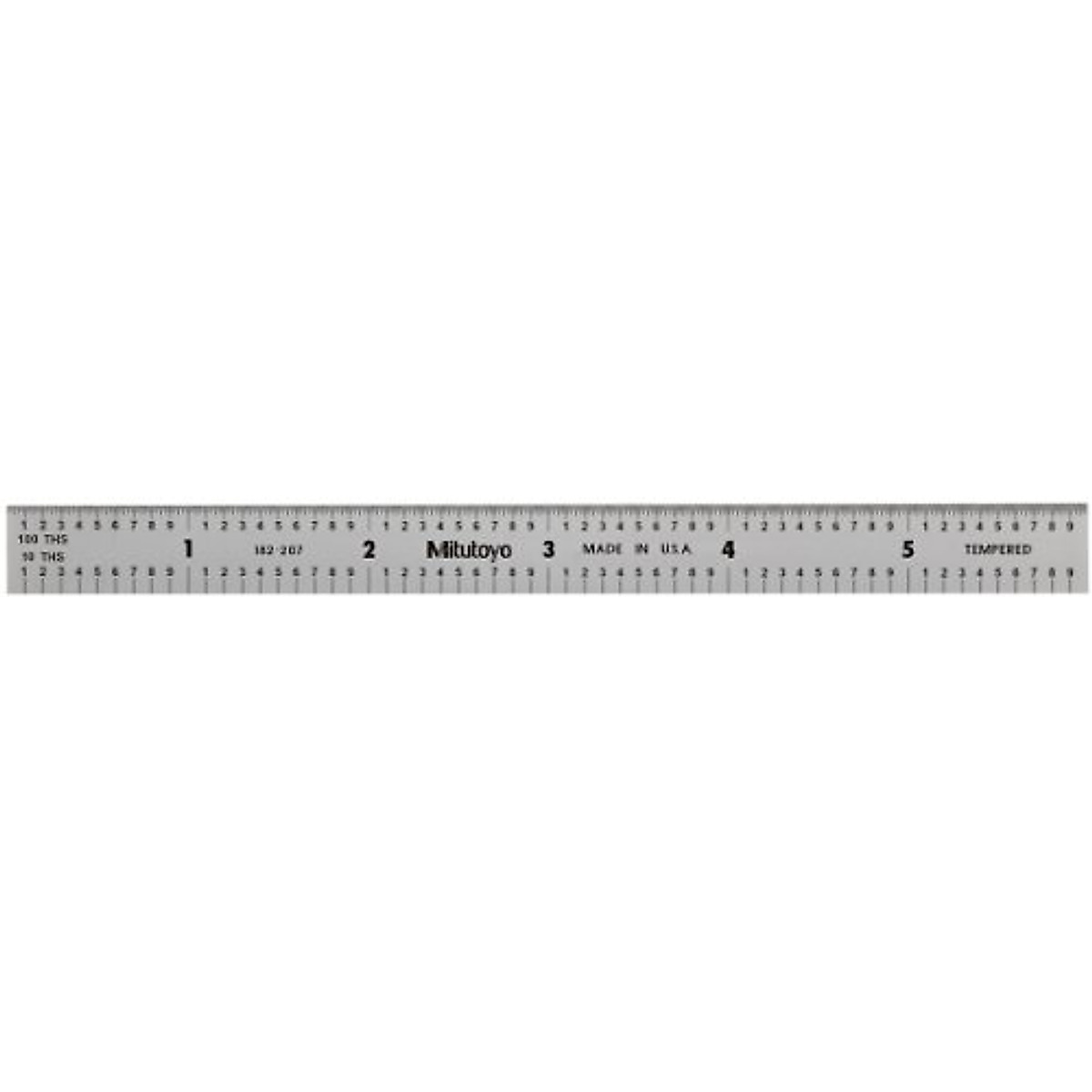 Mitutoyo 182-207, Steel Rule, 6" X 150mm, (1/10, 1/100", 1mm, 1/2mm), 1/64" Thick X 1/2" Wide, Satin Chrome Finish Tempered Stainless Steel