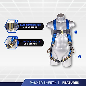 Safety Full Body Construction Harness with 5 Point Adjustment, 3D-Ring, Grommet Legs, and Fall Indicators I OSHA ANSI Roofing Tool Personal Equipment (Blue - Universal)