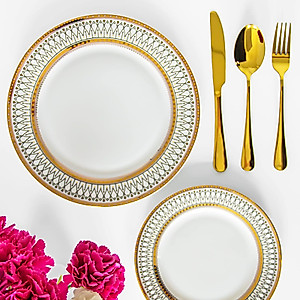 DUEBEL 4-Person Dinner Service Set, Includes 4 Ceramic Dinner Plates and 4 Ceramic Salad Plates with Gold Rim, 4 Cutlery Set for 4 Persons, Modern & Stunning Design
