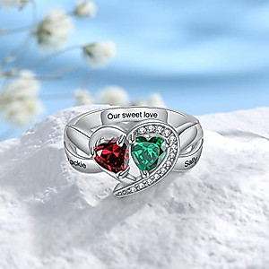 Personalized Promise Rings for Her Love Heart Women Engagement Custom Names Mothers Ring with 2 Simulated Birthstones Jewelry for Women (7)