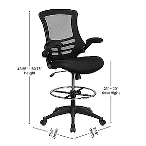 Flash Furniture Kelista Mid-Back Black Mesh Ergonomic Drafting Chair | Adjustable Foot Ring, Flip-Up Arms | Comfort and Productivity
