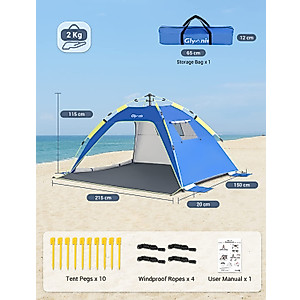 Glymnis Pop Up Beach Tent Sun Shade Shelter for 4 Person with UPF 50+ Easy Setup, 3 Ventilation Windows, Extended Floor Family Instant Beach Tent