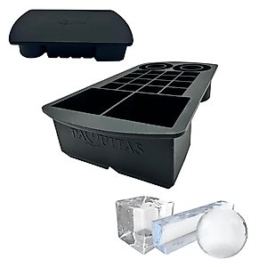 PAQUITAS HOME 3-in-1 Ice Tray: Sphere, Rectangle, and Square Shapes with Lid - Non-Toxic - BPA Free Silicone Mold for Perfect Cocktails and Soft Drinks - Black