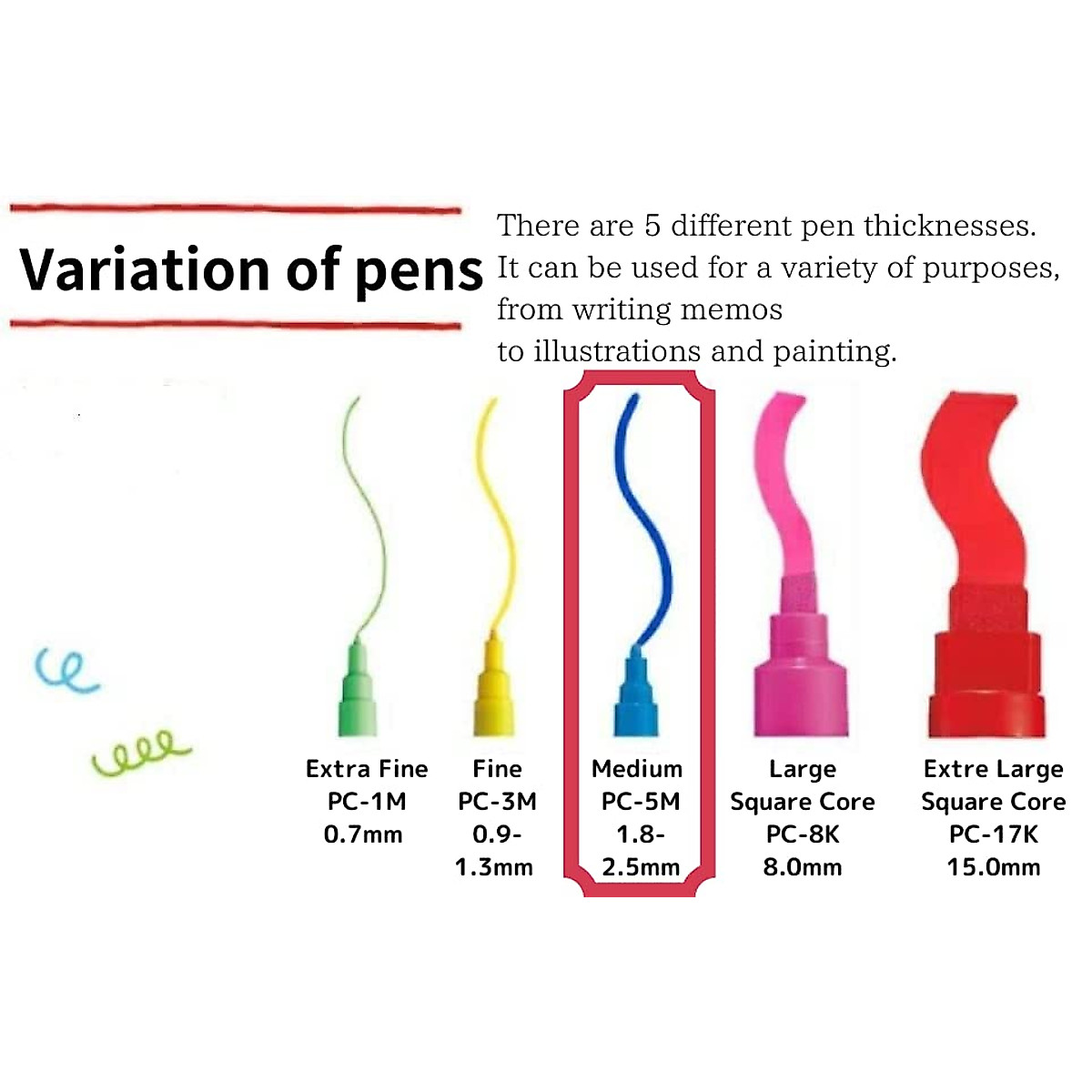 Posca Marker Acrylic Paint Pens Fine Point Tip width 1.8〜2.5mm 17 colors PC-5M, For Rock Painting, Fabric, Glass Paint, Metal Paint Including Pens Tip Refill PCR-5