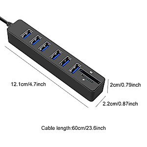 USB Hub, Universal Ultra Slim Data Hub 6 Port USB 2.0 Hub Multifunctional Splitter, 2.0 USB Extension Splitter with 60cm Cable(Black)