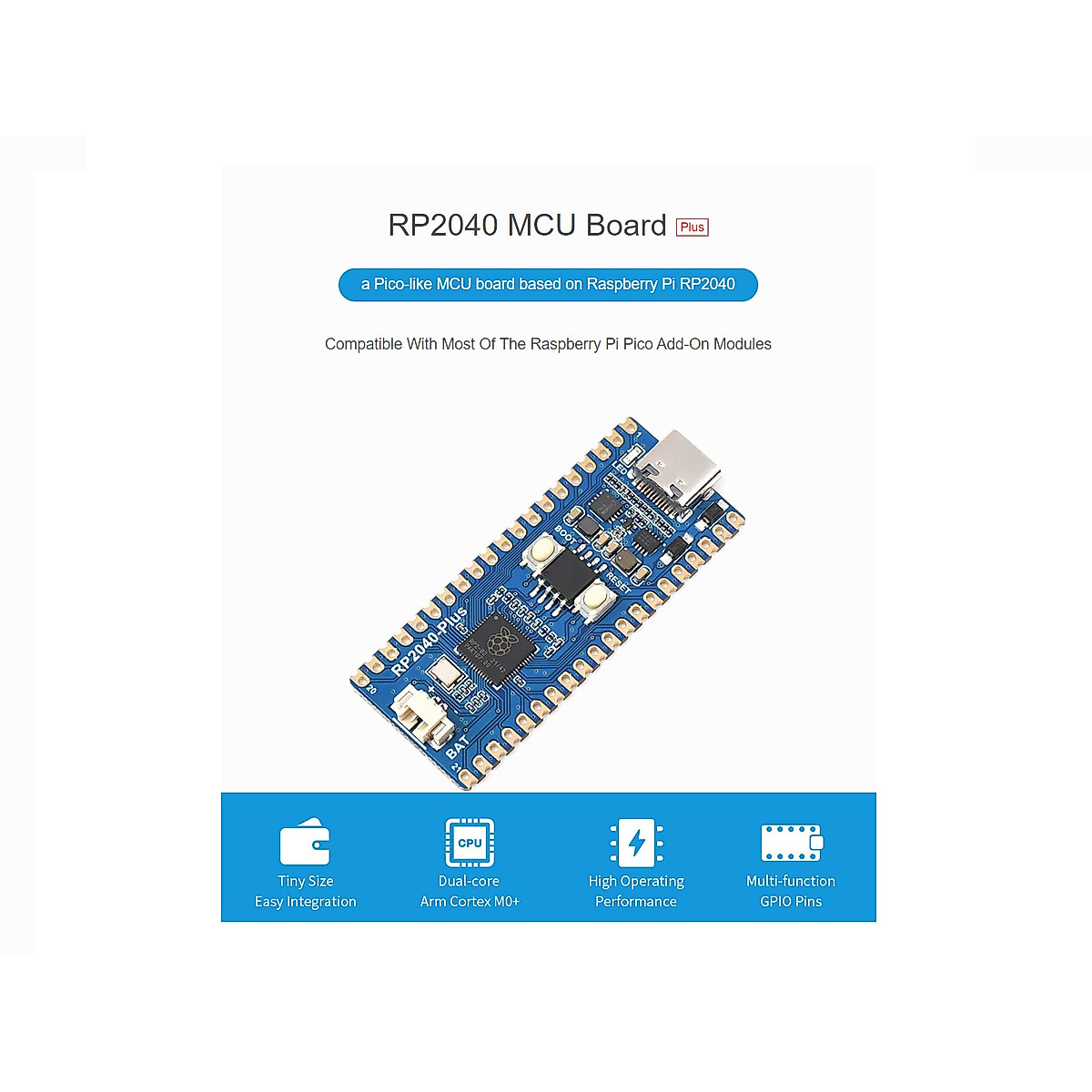 waveshare RP2040-Plus Mini Board with Pre-Soldered Header Pico-Like MCU Board Based on Raspberry Pi RP2040 Chip,Dual-core Arm Cortex M0+ Processor,USB-C Connector,16MB Flash,Higher Current DC-DC Chip