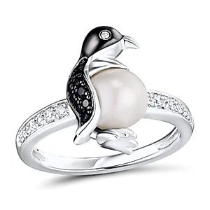 HUKQBUNX 925 Sterling Silver lovely exquisite Penguin diamond full diamond women's shiny natural freshwater pearl ring wedding engagement diamond ring size 6-10 (Size 10)