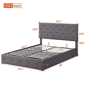 FANYHOME Queen Size Upholstered Platform Bed Frame with Storage, Queen Bed Frame with Gas Lift Up Storage, Wooden Queen Storage Bed with Tufted Headboard and Hydraulic Storage System,Grey