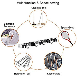 Mop Broom Holder Wall Mounted,Heavy Duty Mop and Broom Wall Mount Stainless Steel with 5 Racks 4 Hooks for Laundry Room, Home, Garage, and 1 hook Separated included （Black）