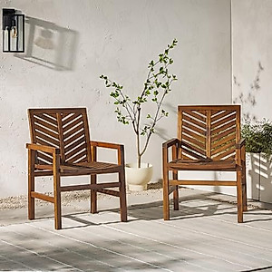 Walker Edison 2 Piece Outdoor Patio Chevron Wood Chair Set All Weather Backyard Conversation Garden Poolside Balcony, Set of 2, Dark Brown