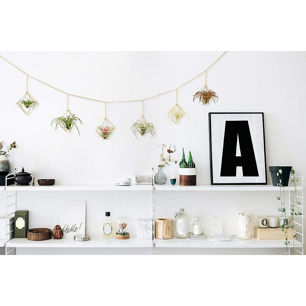 Dahey Gold Geometric Hanging Air Plant Holders - Set of 6 Square Metal Planters with Chains for Indoor Wall Decor