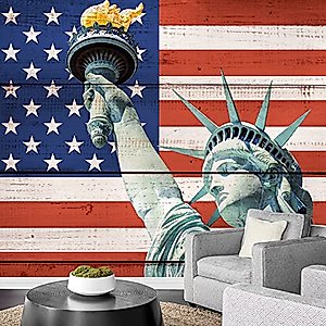 wall26 Removable Wall Sticker/Wall Mural Wood Panel Style American Flag Statue of Liberty International Global Digital Art United States Veteran for Living Room, Bedroom, Office - 66x96 inches