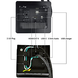 Tabletop Brush Flip Connectivity Box with 2 AC Power + 2 USB Charger + HDMI + 1 3.5mm Audio + USB-C Data + RJ45(cat6) for Conference Room (Black)