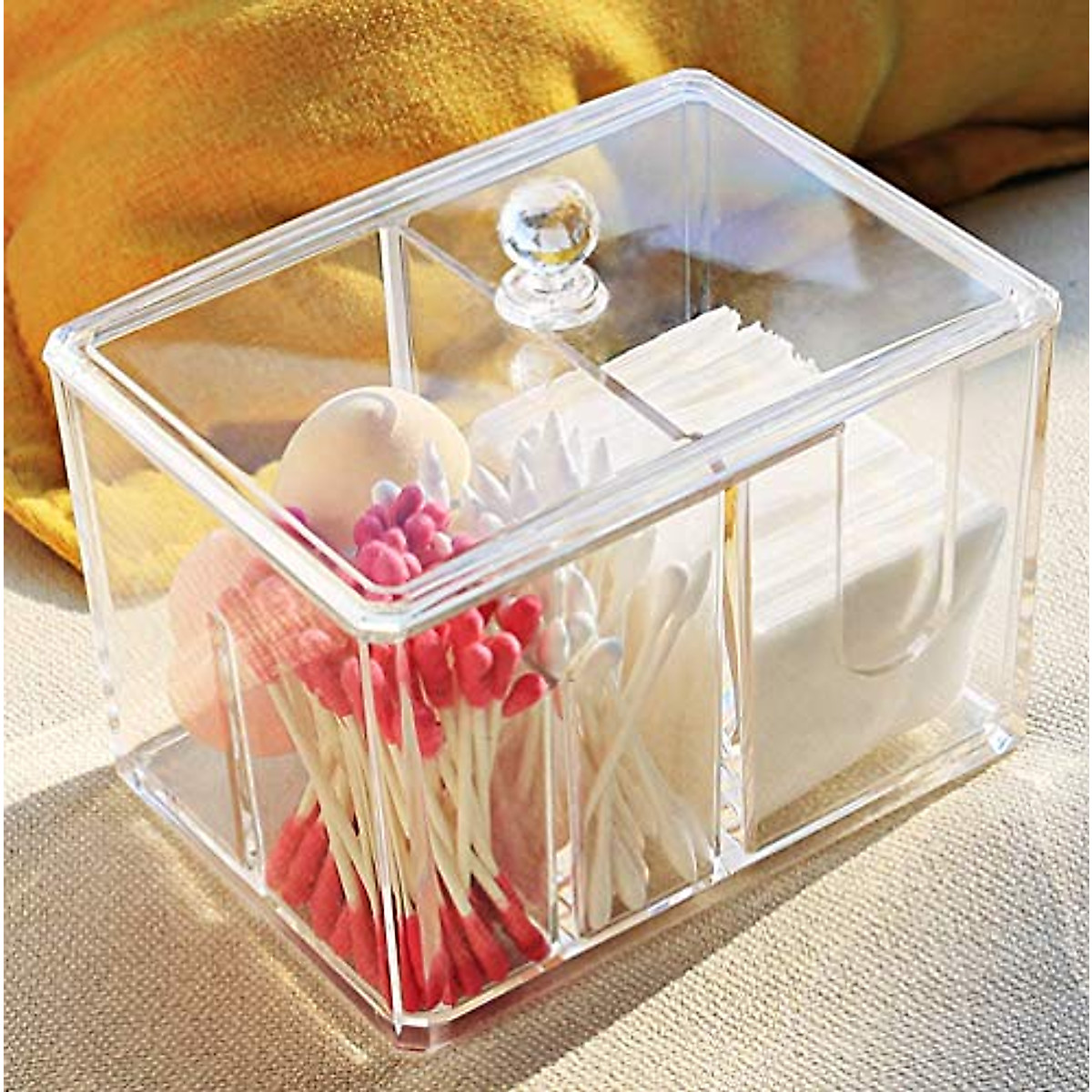 Watpot Qtip Cotton Pad Holder Dispenser Cotton Ball and Swab Storage with Lid Clear Acrylic Cotton Round Organizer, 4 Sections