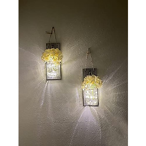 Emuardoe Mason Jar Wall Decor Rustic Wall Sconces Decorative 2 Packs LED Fairy Lights and Flowers Farmhouse Home Decor 6 Hours (Three meters, Khaki planks)