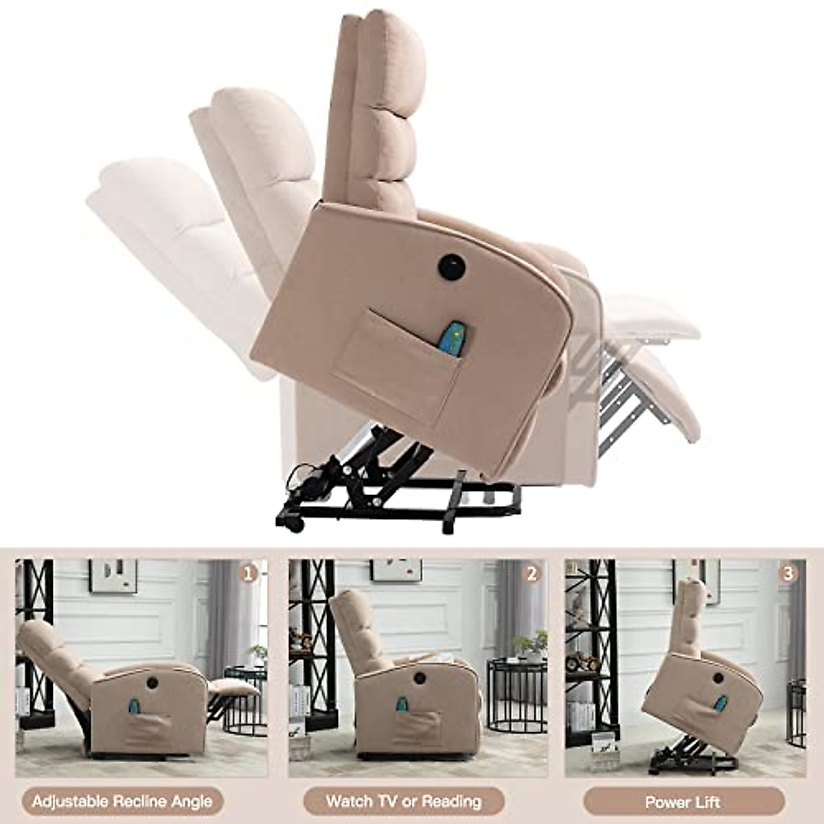 AVAWING Power Lift Massage Chair, Electric Recliners for Elderly Up to 330 LBS, Lay Flat Recliner W/Heat & Vibration, Linen Fabric Sofa Living Room Chairs with Side Pocket, USB Interface (Khaki)