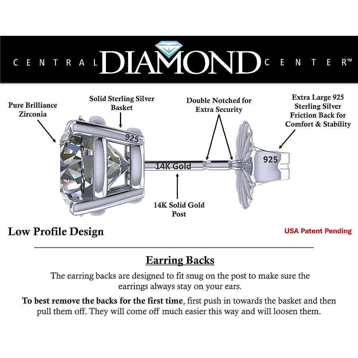 Central Diamond Center 14K Solid Gold Post & Sterling Silver 4 Prong CZ Stud Earrings - Platinum Plated - 8.00mm - 4.00cttw