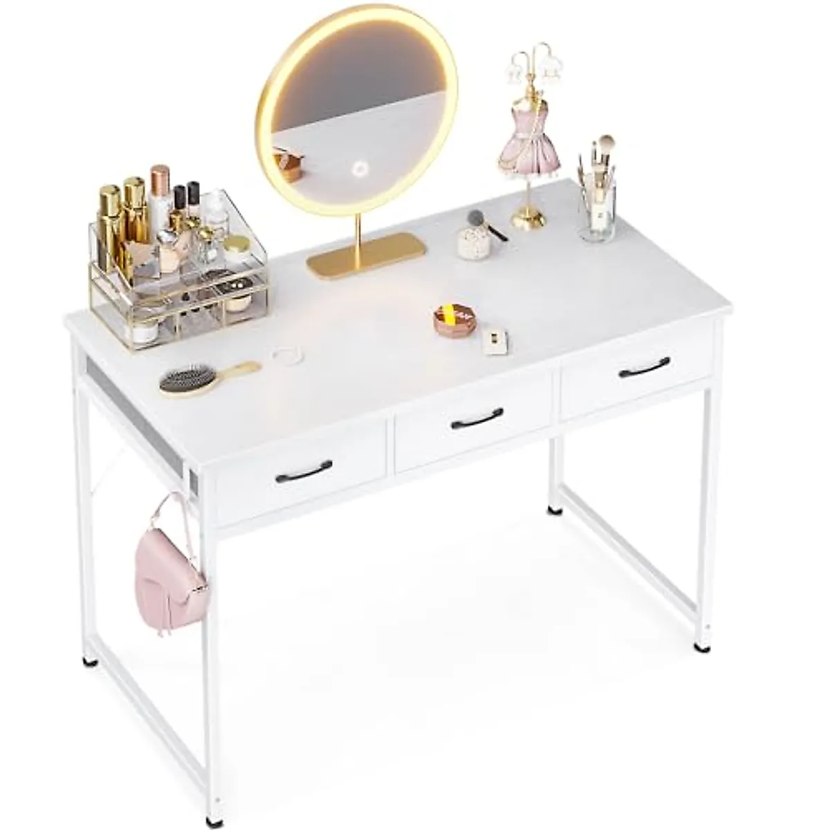 ODK 40 Inch Small Computer Desk with 3 Cloth Drawers for Home Office, Vanity Desk with Storage and Hook for Bedroom, Work Desk, Study Writing Table, White