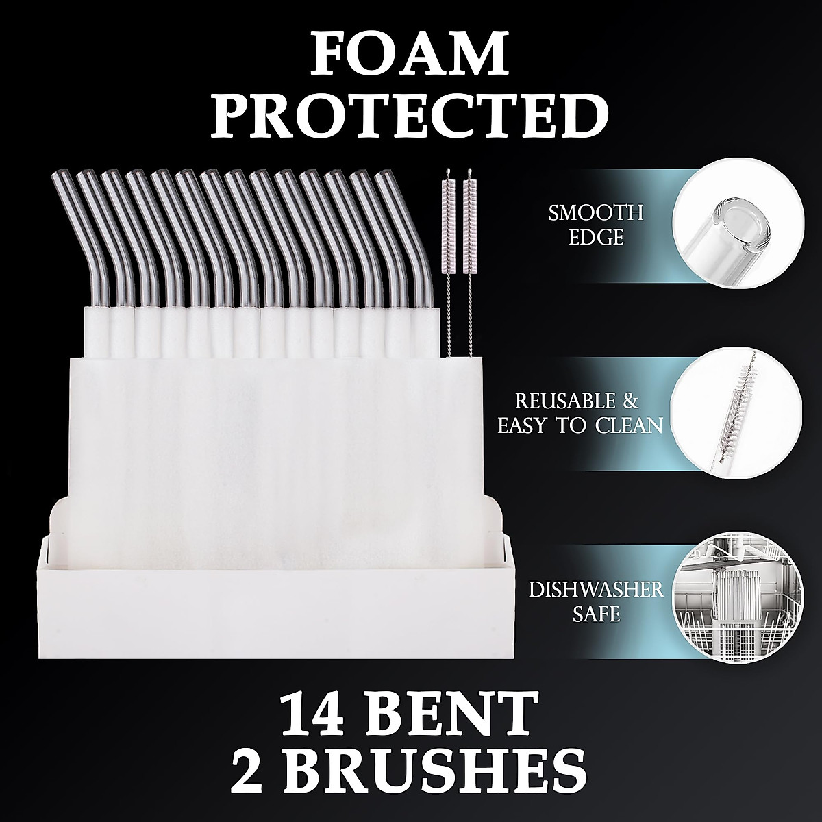 THRISTO Glass Straw 16-Pack- Glass Straws Shatter Resistant 14 Bent, 10”x10mm, 2x Cleaning Brushes- Foam Wrap Secured- Ideal for Hot Coffee & Chilled Smoothie at Home & Party