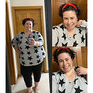 CARCOS Womens Plus Size Tops Grey Pullover Sweatshirts Long Sleeve Shirts V Neck Star Print Tunics Casual Blouses 5XL 26W 28W