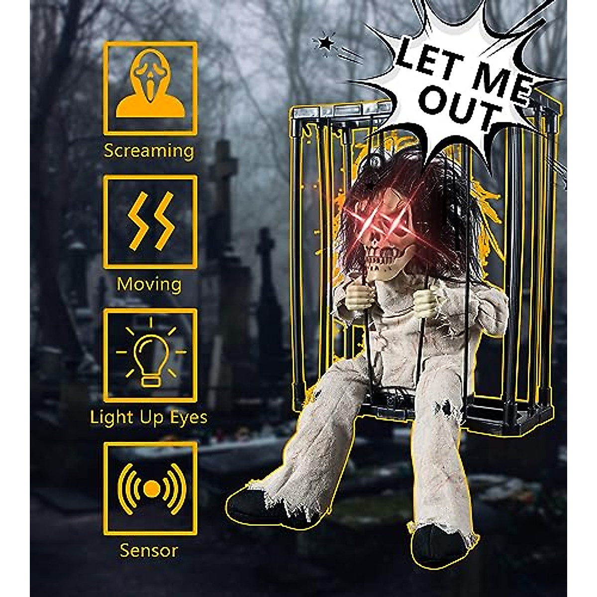 Skeleton Animated Halloween Decorations, Screaming Halloween Decor with Motion Activated & Light Sensor, Spooky Prisoner Cage with Spider Web Haunted House Decorations by CRILEAL, Ghost with Long-hair