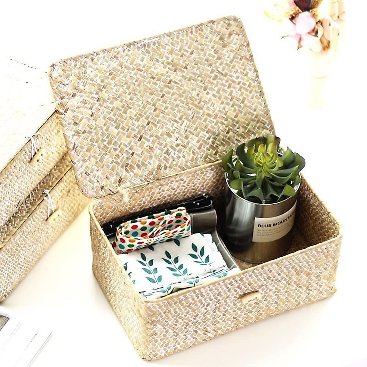 HAPYFURN Seagrass Handmade Woven Storage Basket with Lid Rectangular Natural Rattan Box for Toys Clothes Books Keys Multifunctional Makeup Organizer Set of 3 Shelf Basket