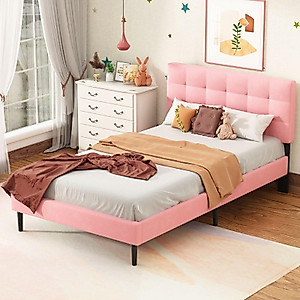 UNIZONE Full Size Bed Frame with Button Tufted Upholstered Headboard, Velvet Platform Bed with Wood Slats Support, Mattress Foundation, No Box Spring Needed, Easy Assembly, Pink