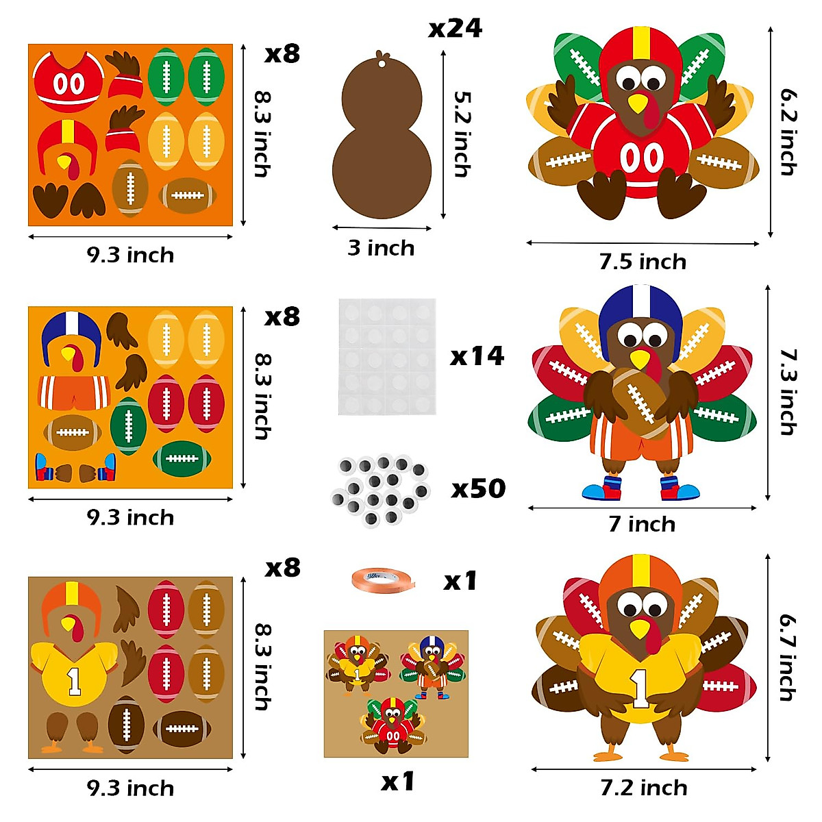 BeYumi 24 Sets Thanksgiving Foam Football Turkey Craft Kit DIY Give Thanks Rugby Turkey Handing Ornaments Decorations Fall Autumn Make A Turkey Craft for Kids Home School Classroom Party Activities