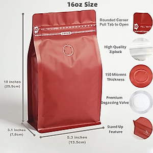 50 Count 16oz Red Coffee Bags with Aluminum Foil Liner, High Barrier Coffee Pouches with Degassing Valve, Ziplock Food Storage Bags with Pull Tape, Pack of 50, 16oz/1lb/500gram