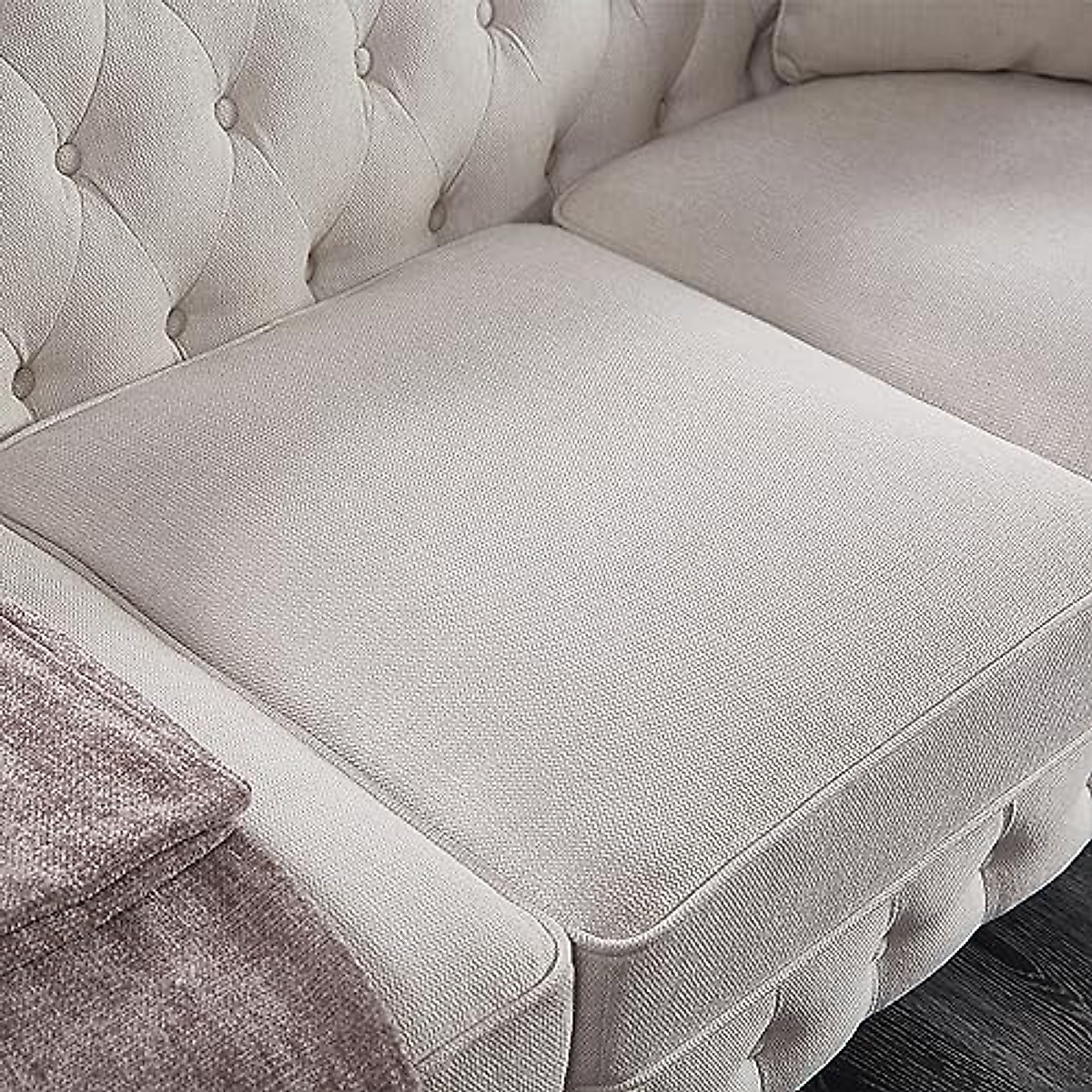 FANYE 88.5" 3-Seaters Chesterfield Clasic Luxury Roller Armrest Special Wood Legs Sectional,Button Tufted Linen Fabric Upholstered Modular Sofa Couch with Removable Cushions & Nailhead Decor, Beige