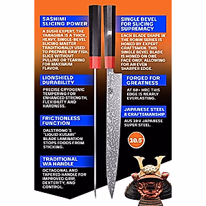 Dalstrong Ronin Series Japanese AUS-10V Damascus Steel Yanagiba Sushi Kitchen Knife with Red & Black G10 Handle, 10.5 Inches, Sheath Included