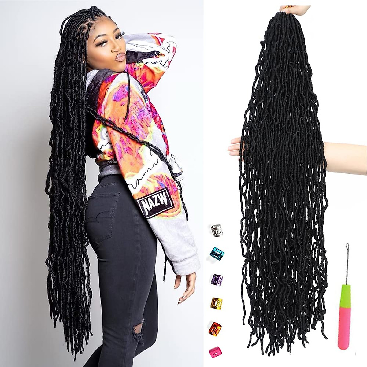 7 Packs Faux Locs Crochet Hair 36 Inch New Soft Locs Crochet Hair For Black Women Pre-looped Long Goddess Locs Crochet Braids Curly Wavy Braiding Hair Extension (1B)