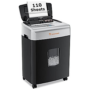 Bonsaii Paper Shredder for Office, 110-Sheet Autofeed & 12-Sheet Manual Micro Cut Heavy Duty Paper Shredder, P-4 Auto Feed Paper and Credit Card Shredder with 4 Casters, 6.1 Gal Transparent Bin C233-B