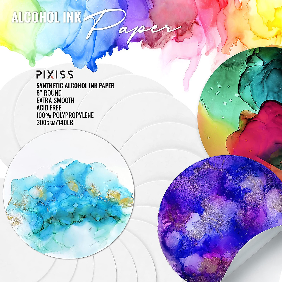 Circle Alcohol Ink Paper - 25 Round Sheets Pixiss Heavy Weight Art Paper for Alcohol Ink & Watercolor - Extra Smooth Synthetic Paper A4 8x12 inches, 300gsm