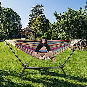 ONCLOUD Double Hammock with Stand 9 FT Space Saving, Hammock Stands Heavy Duty Includes Portable Carrying Case Two Pillows for Outdoor or Indoor (Rainbow)
