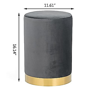 Adeco 11.61" Round Velvet Ottoman with Gold Metal Base, Upholstered Makeup Vanity Chair Soft Compact Padded Foot Rest Stool, Boucle Stool for Living Room Bedroom (Cement Grey)