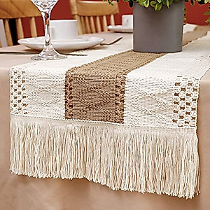 OurWarm Macrame Table Runner Farmhouse Style, Natural Burlap Boho Table Runner Modern Farmhouse Decor Rustic Woven Cotton Crochet Lace for Bohemian, Rustic,Bridal, Shower Wedding, Dinner, 72" x 12"