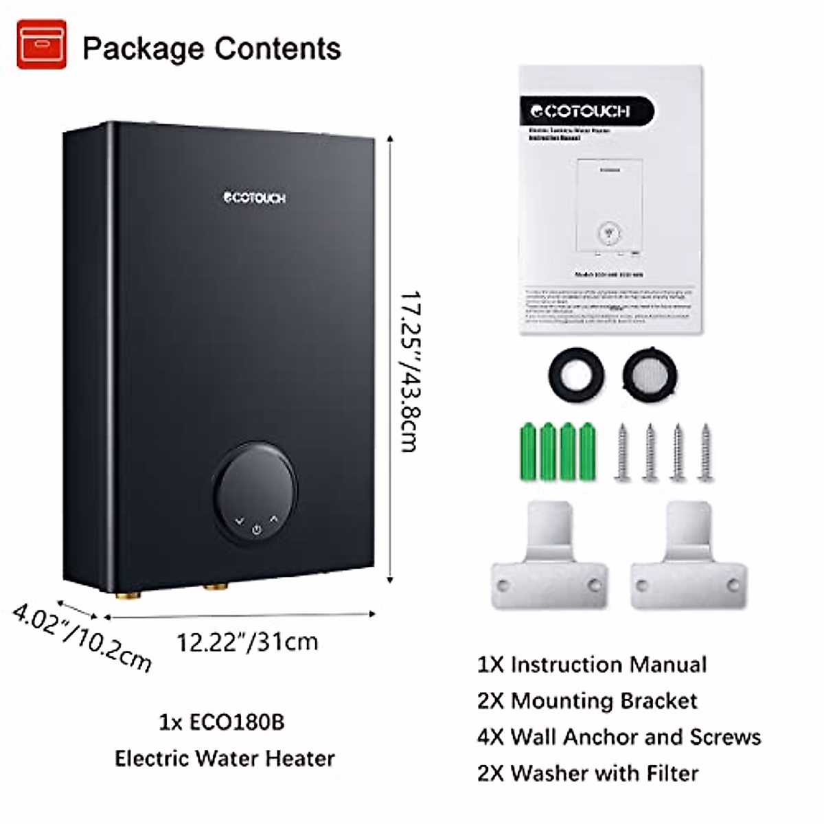 Electric Tankless ECOTOUCH 18kW on Demand Instant Hot Water Heater 240V, Self-Modulation Point of Use Hot Water Heater Whole House ECO180B Black