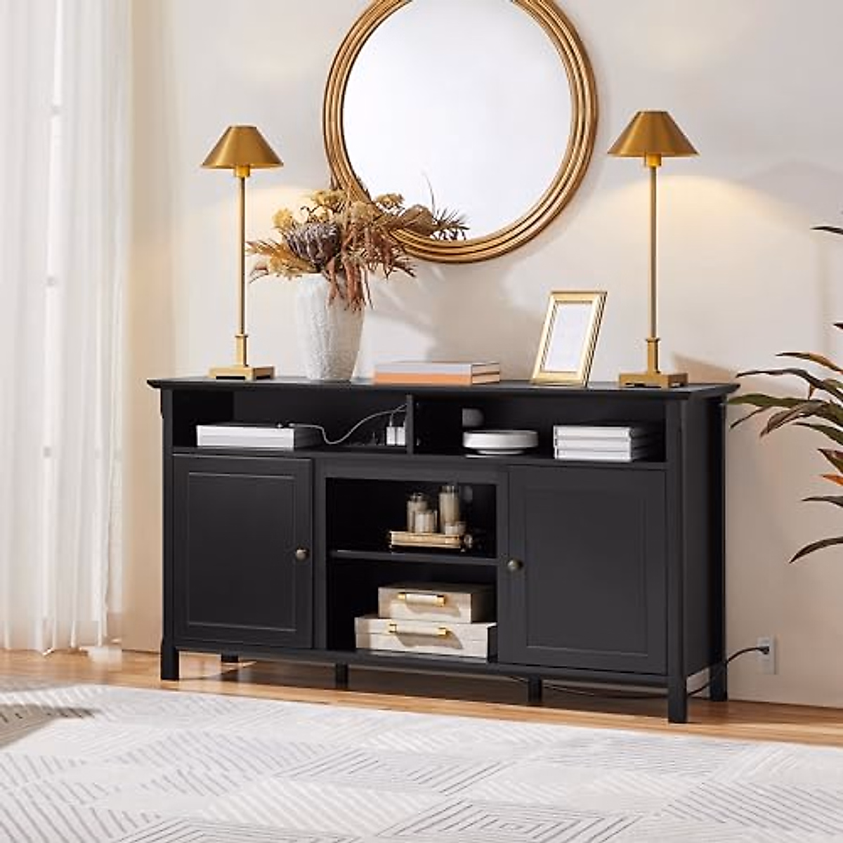 Yaheetech Black TV Stand with Doors for TVs up to 65 in, Modern TV Console with Power Outlet & Storage Shelf, Mid-Century Entertainment Center for Living Room, 31 in Tall