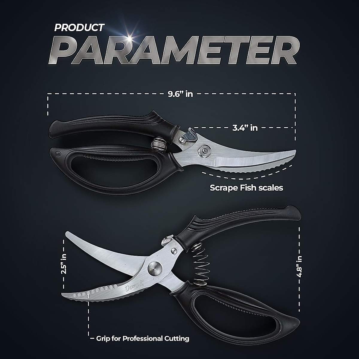 Demzit Poultry Shears, Heavy Duty Kitchen Scissors - Rust Proof Bone Cutting Scissors for Cutting Chicken & Chopping Vegetables - Chicken Meat Shears for Professionals - Black